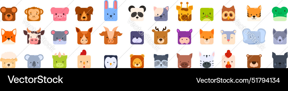 Animal square face icons set cute wild Royalty Free Vector