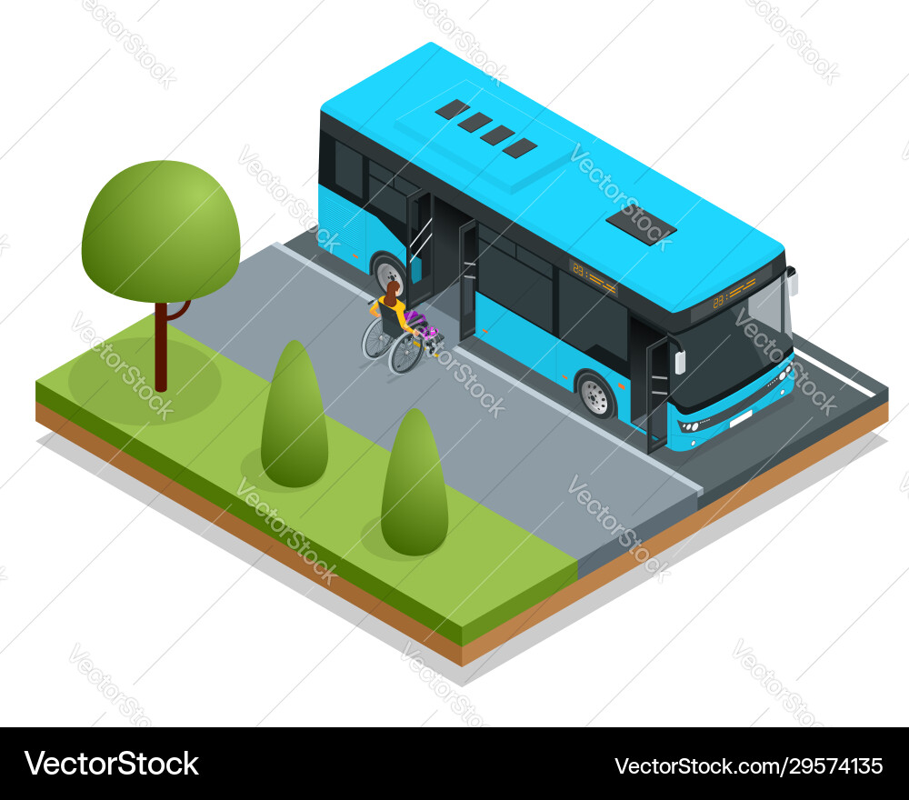 Isometrischer blauer Stadtbus an einer Haltestelle