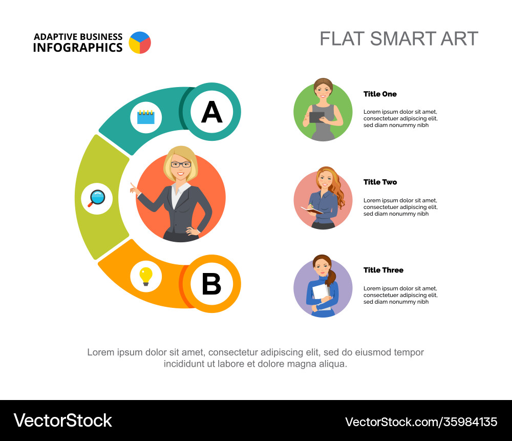 Three colleagues process chart template Royalty Free Vector