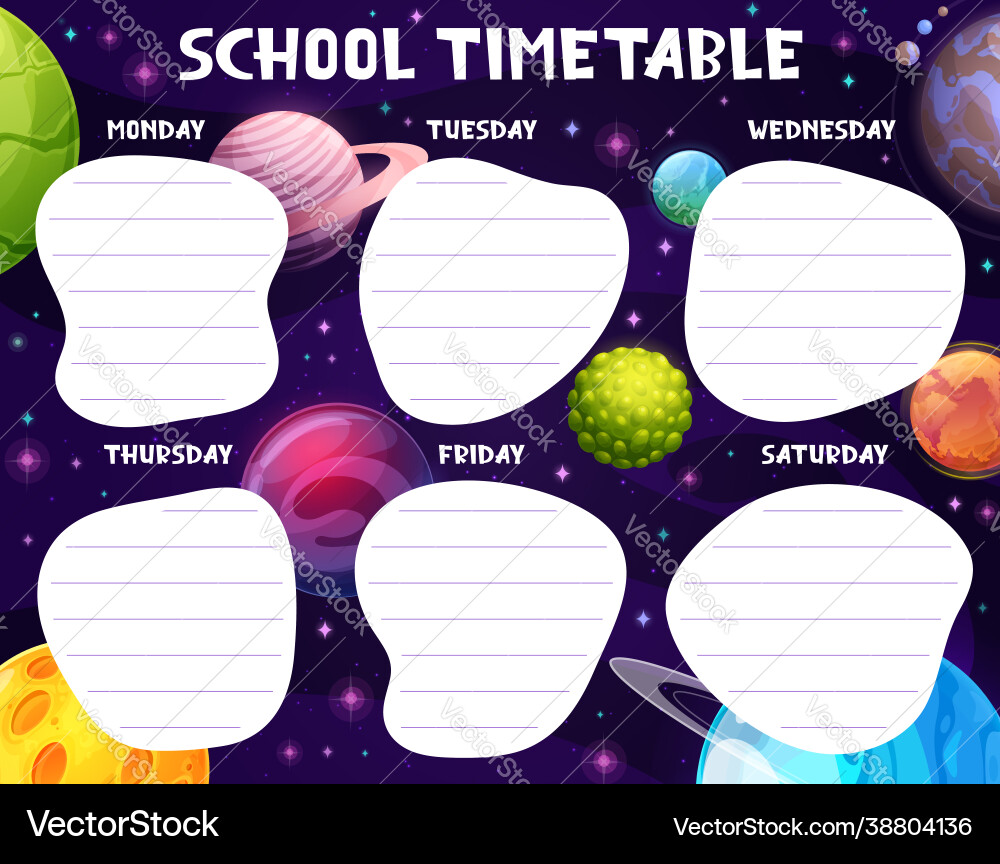 School lesson timetable with cartoon space planets