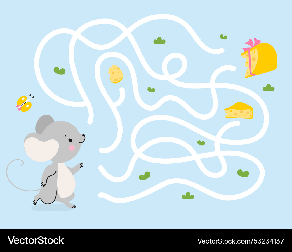 Children maze game mouse find cheese rat choose Vector Image