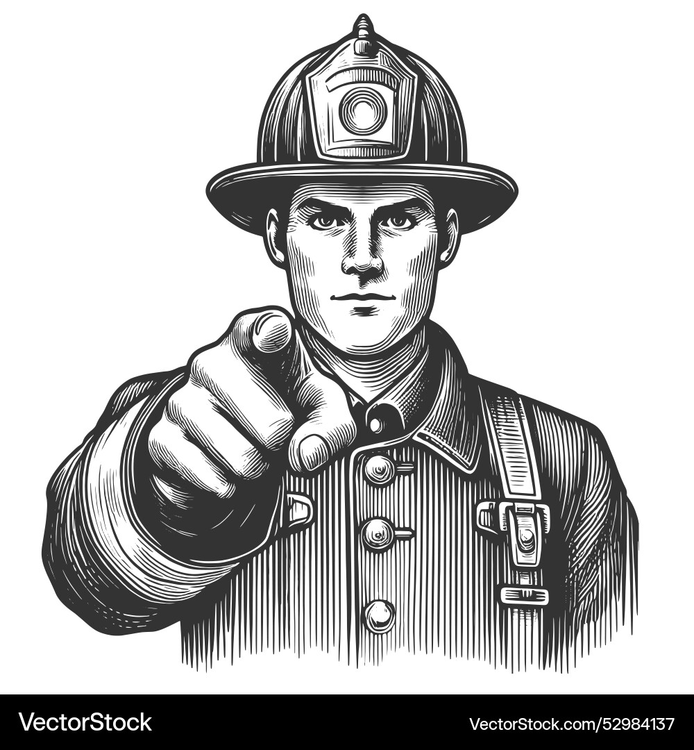 Firefighter pointing forward recruitment pose Vector Image