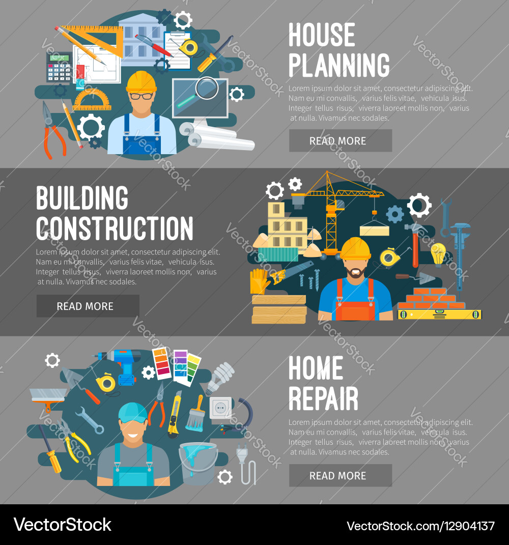 House building construction repair flat banners Vector Image