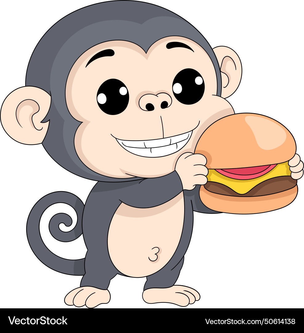 Cartoon doodle happy monkey is standing eating Vector Image