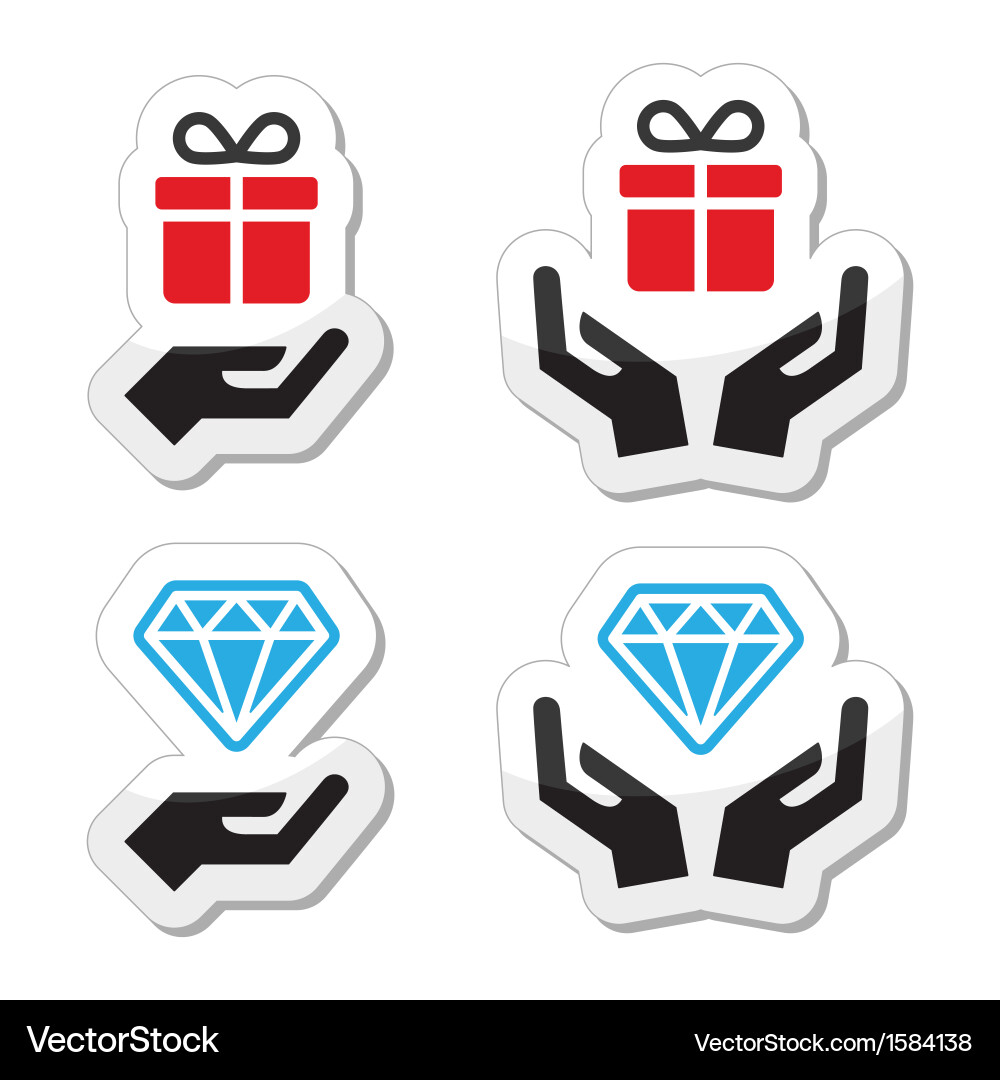 Hands with present and diamond icons set Vector Image
