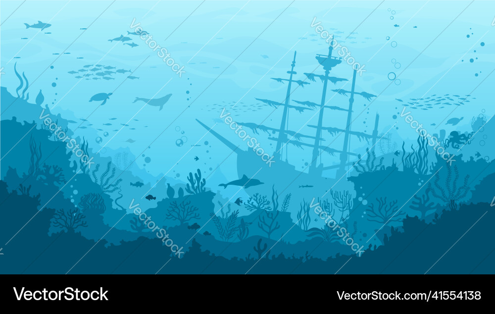 Ocean underwater landscape with sunken ship Vector Image