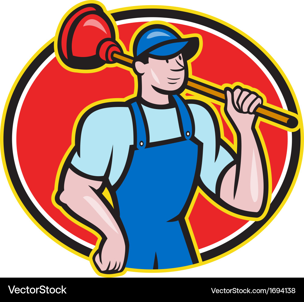 Plumber holding plunger cartoon Royalty Free Vector Image