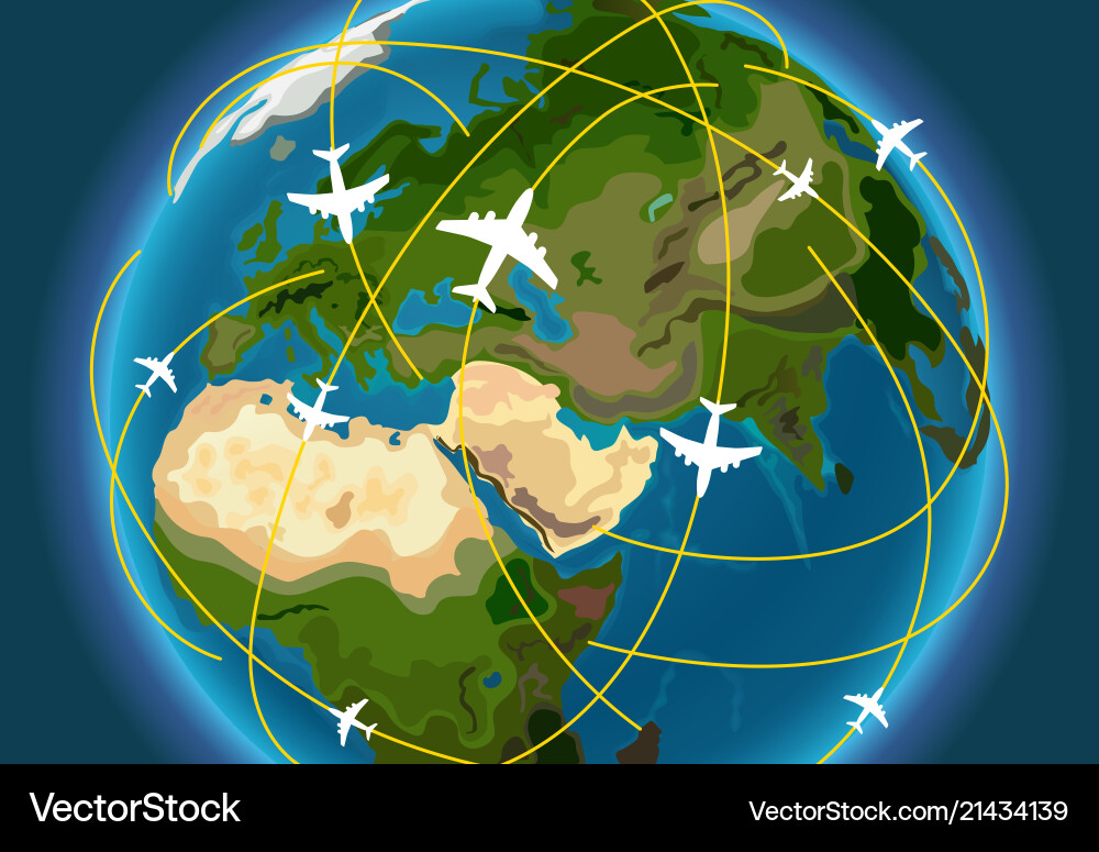 Earth with aircraft paths Royalty Free Vector Image