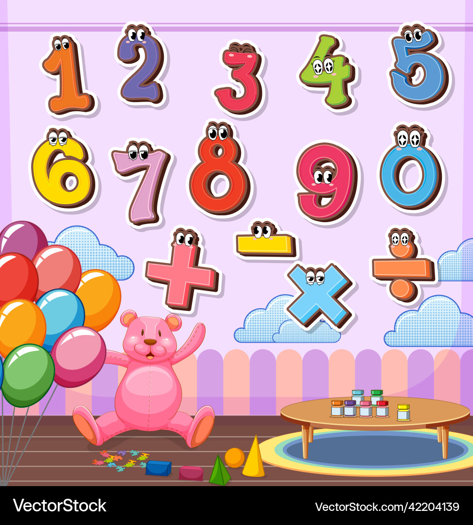 Number 0 to 9 with math symbols Royalty Free Vector Image