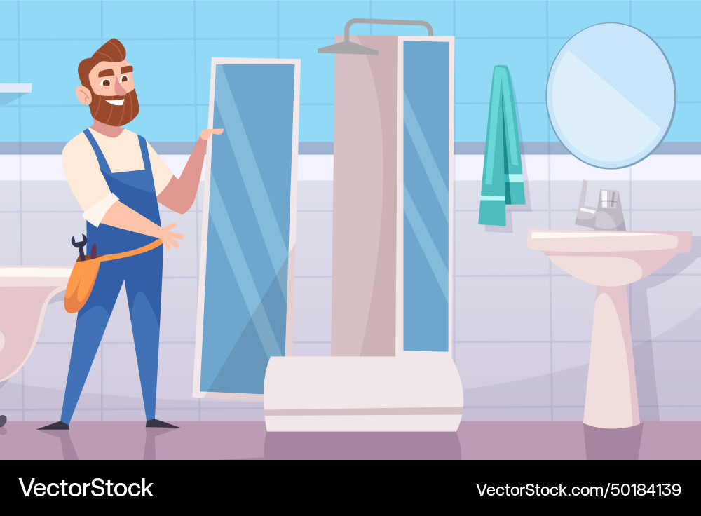 Plumber worker installing shower cabin cartoon Vector Image