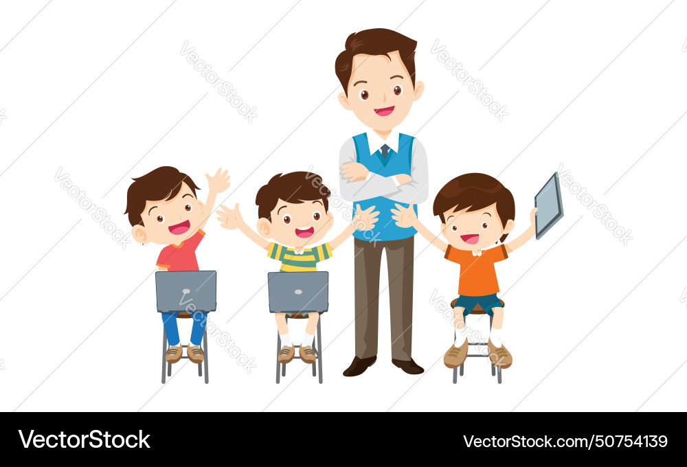 Teacher and kids learning computer technology Vector Image