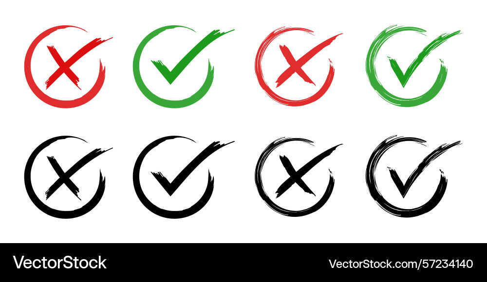 Check mark cross x icon set in green red Vector Image