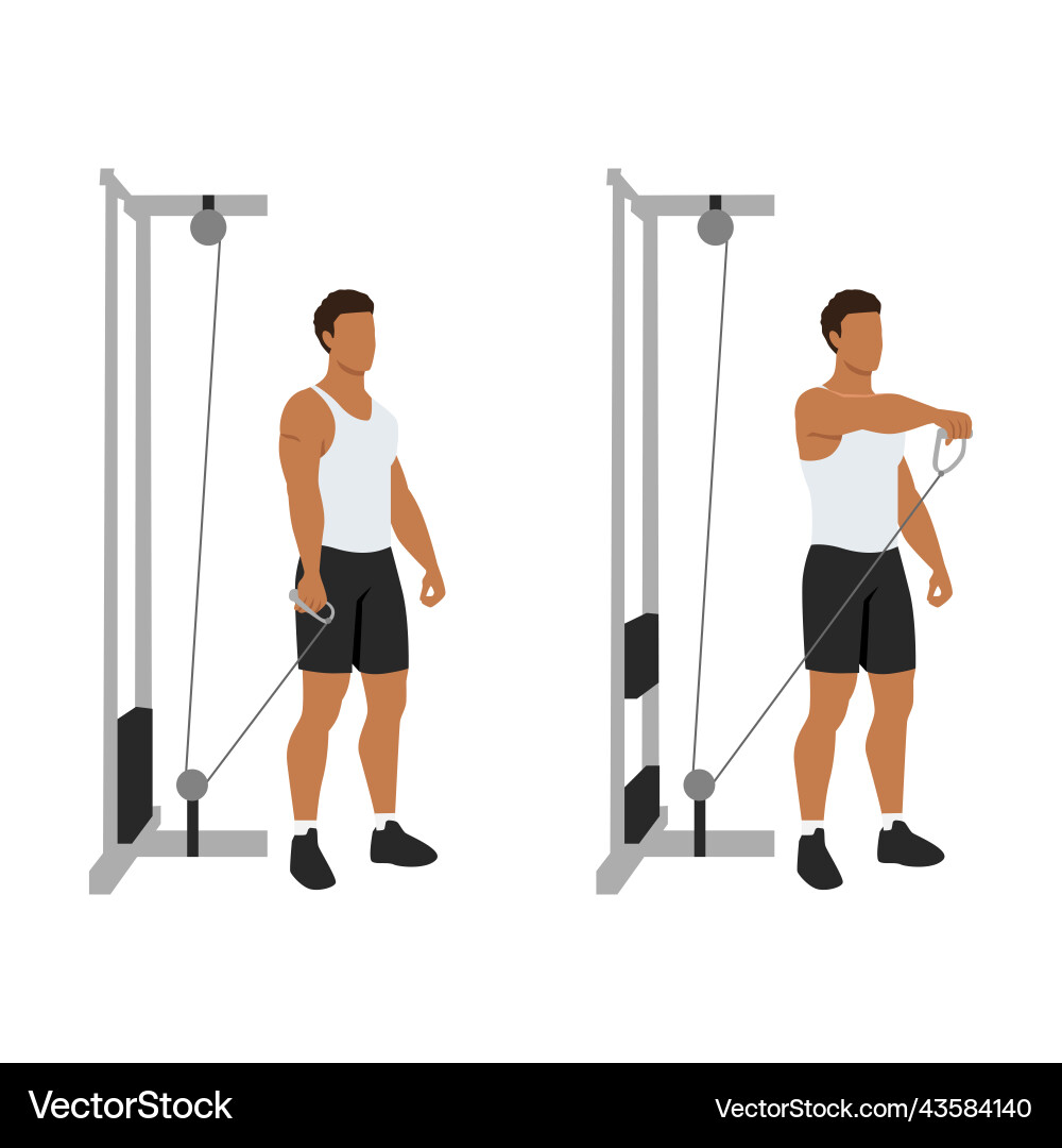 Man doing single arm cable front raise exercise Vector Image