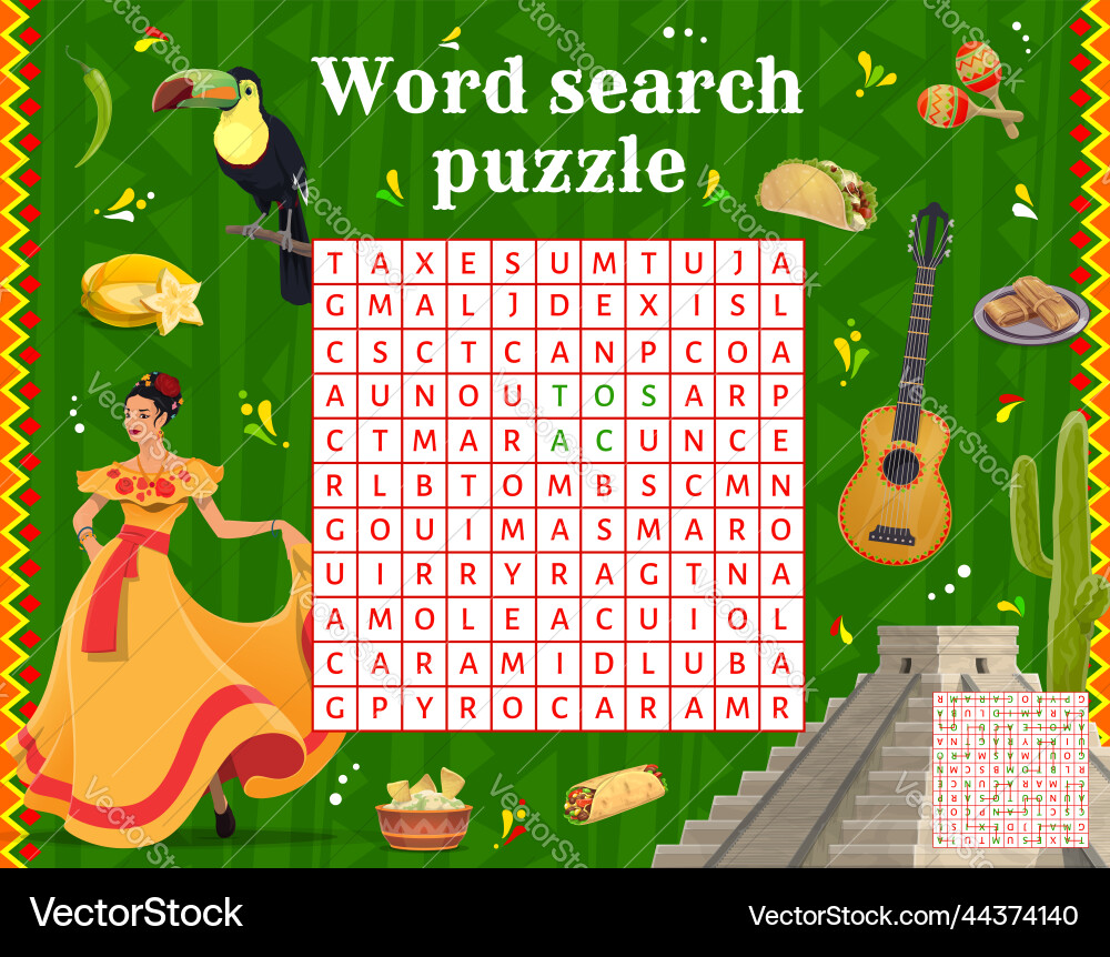 Word search puzzle game worksheet mexican quiz Vector Image
