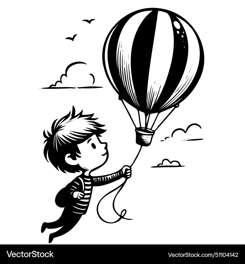 Boy is holding a balloon and flying through Vector Image