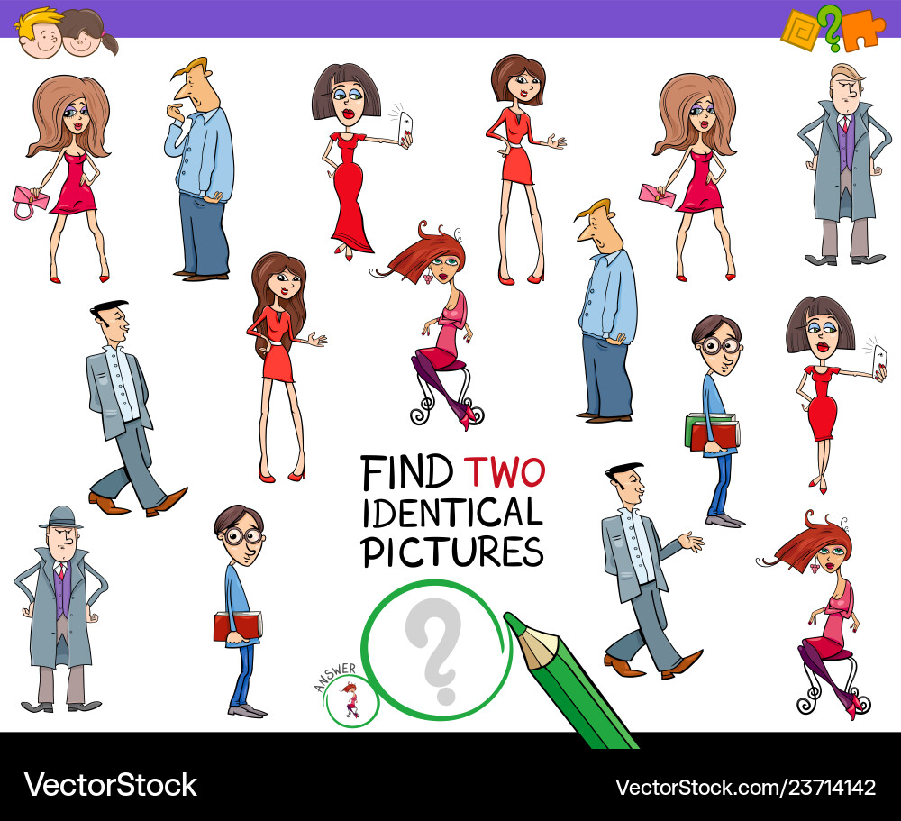 Find two identical characters game for kids Vector Image