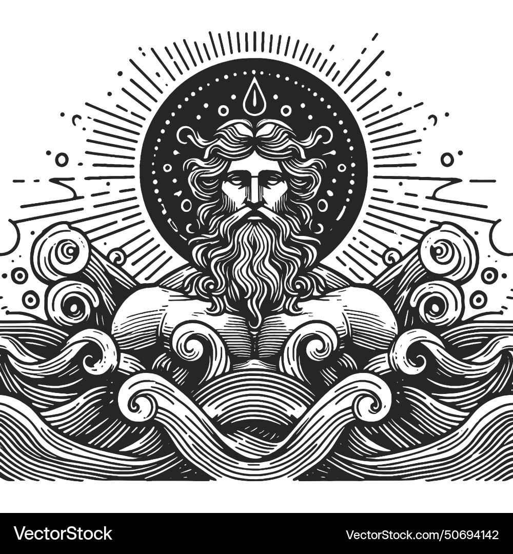 Mythical poseidon engraving ocean waves Royalty Free Vector