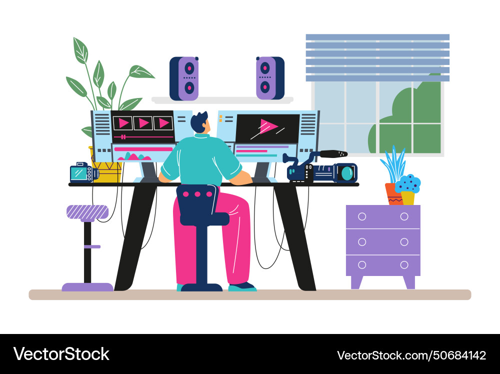 Video editor or maker creates movie clip flat Vector Image