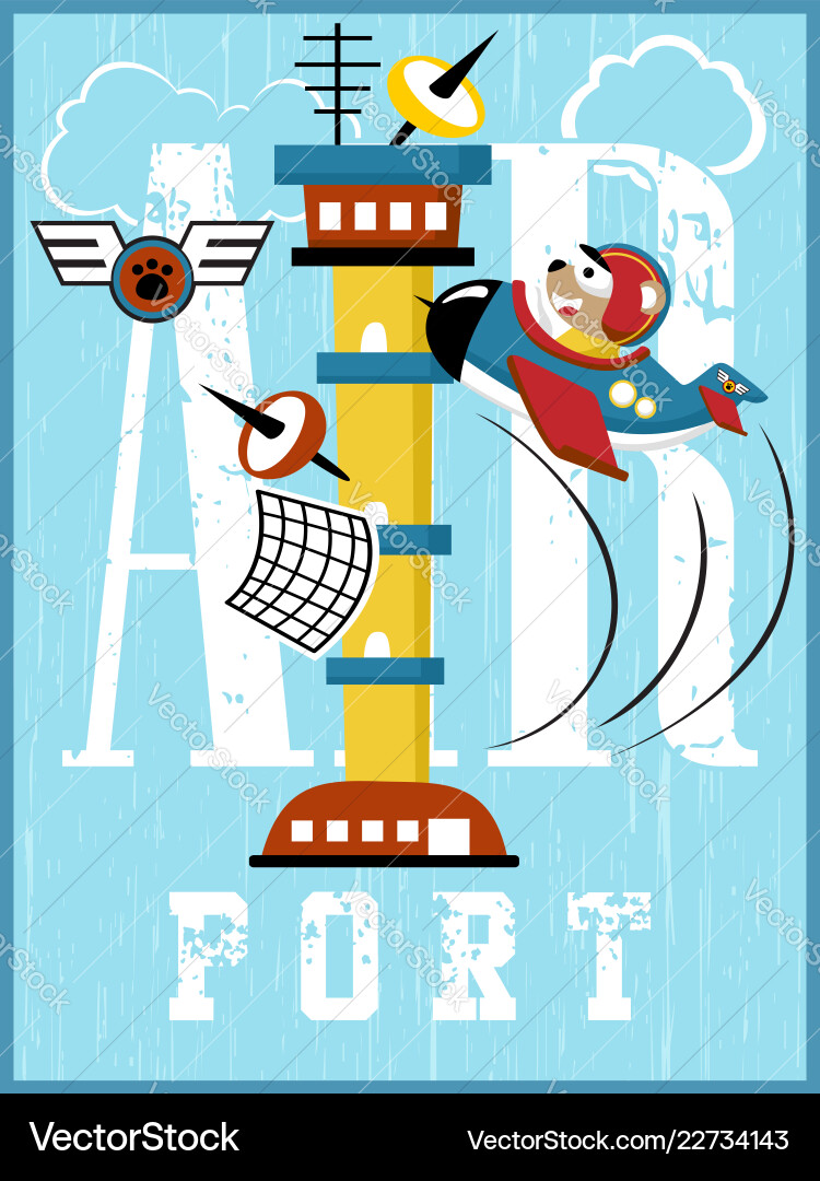 Airport control tower cartoon with funny pilot Vector Image