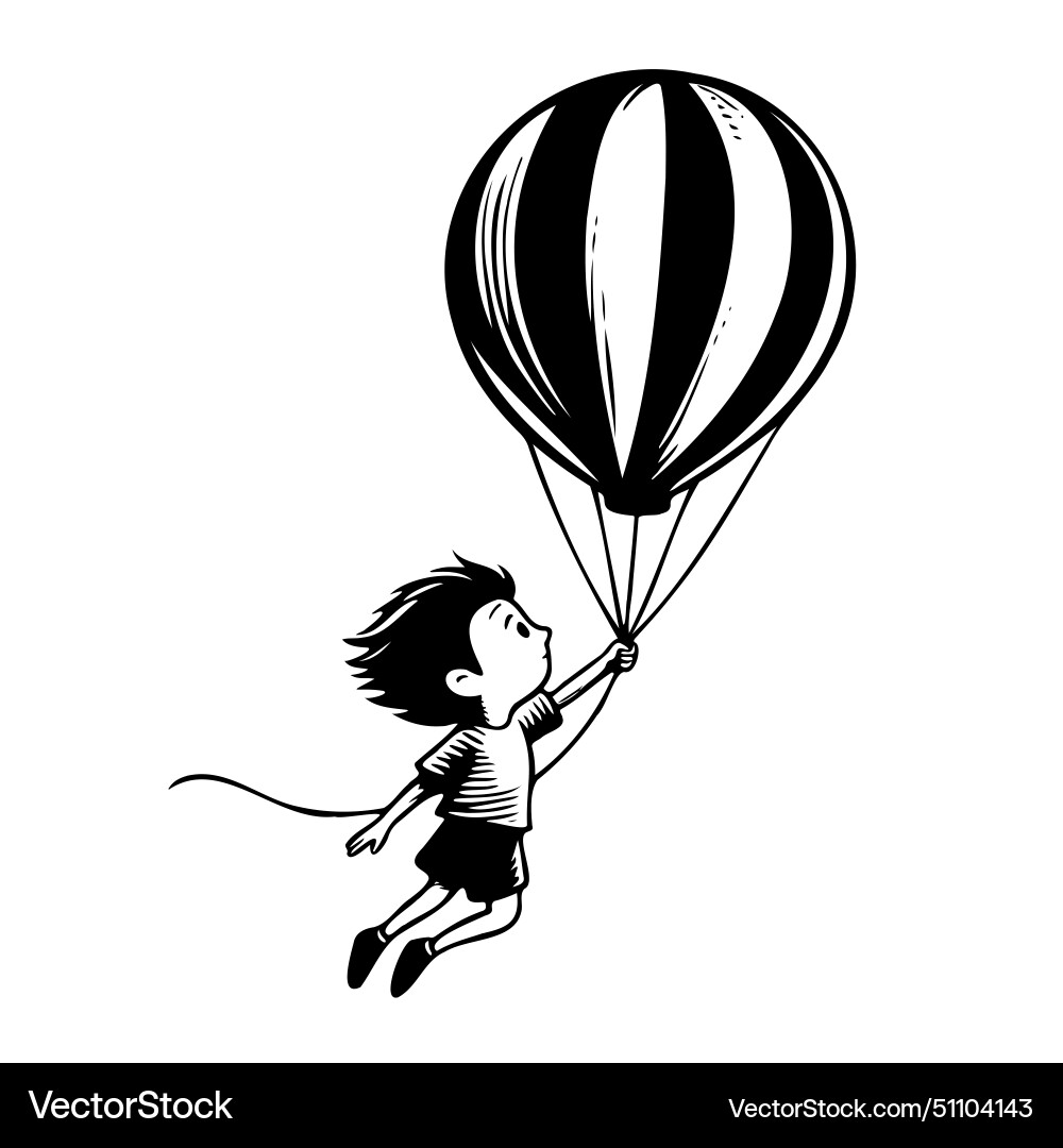 Boy is holding a balloon and flying through Vector Image