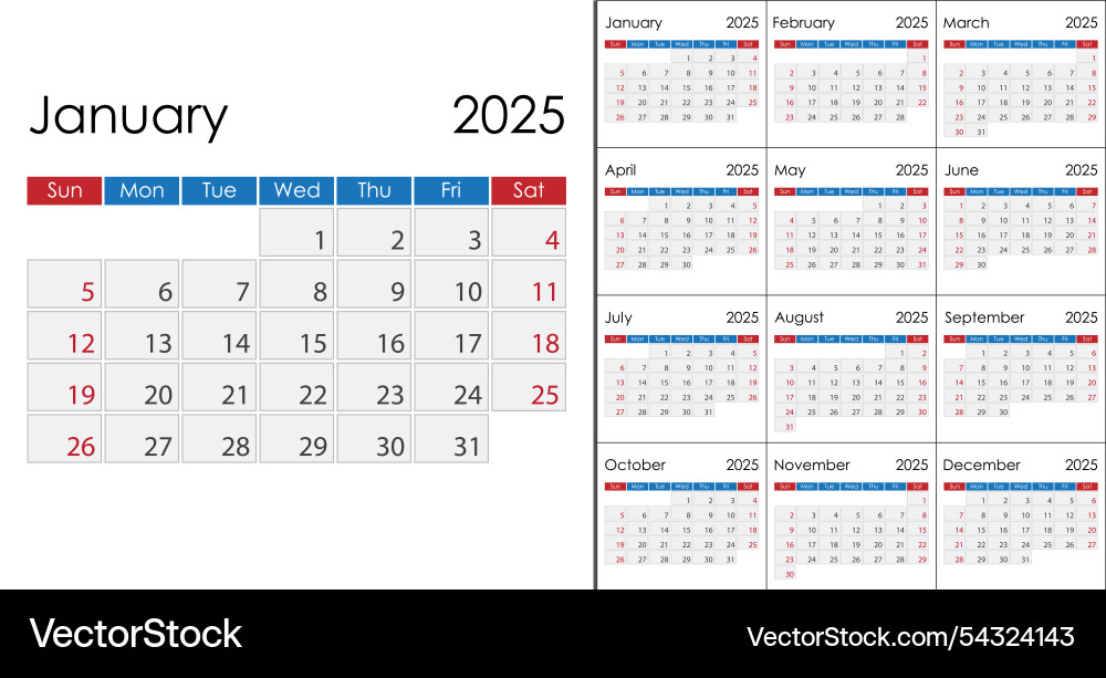 Calendar 2025 on english language week start Vector Image