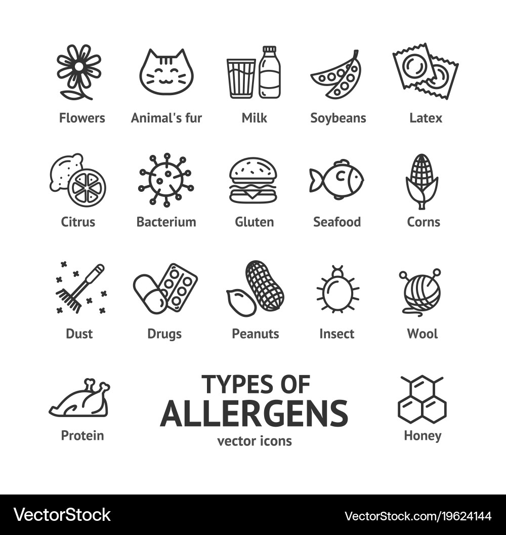Allergens signs black thin line icon set Vector Image