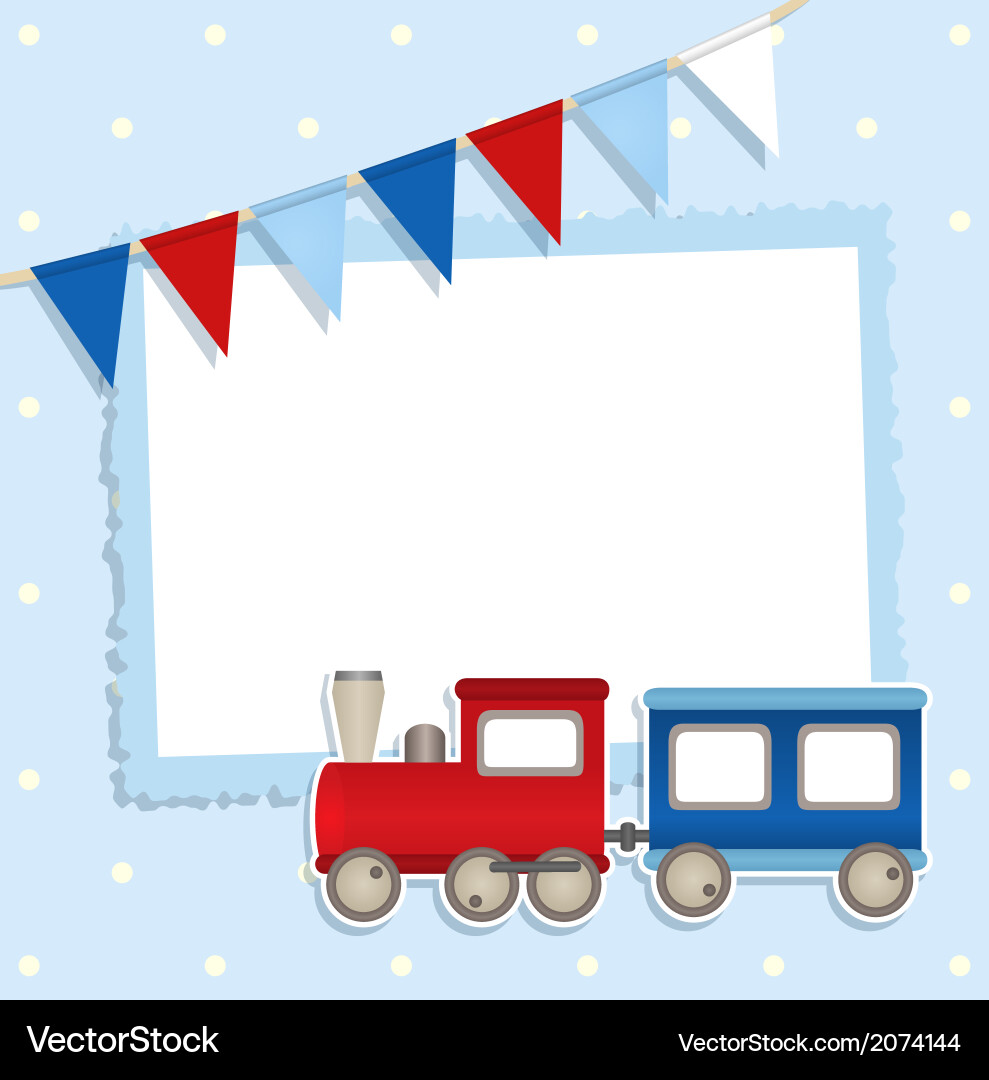 Holiday card with festive flags and sticker train Vector Image