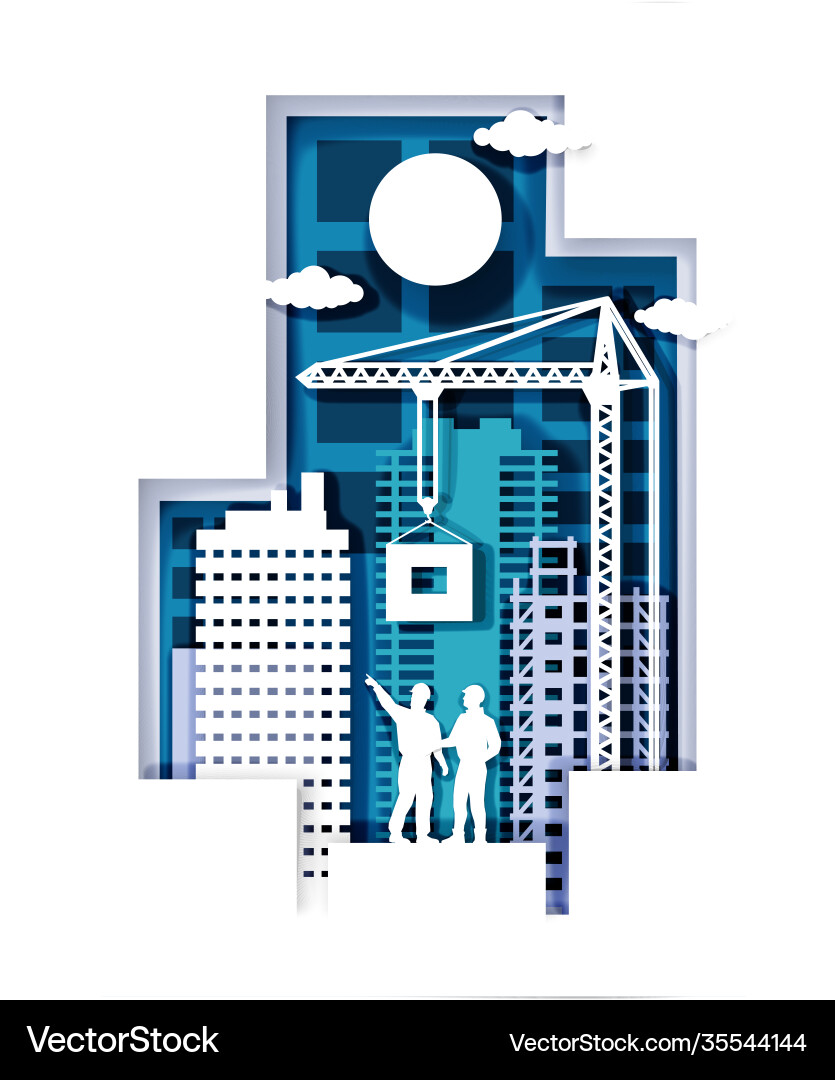 Paper cut craft style construction site with crane