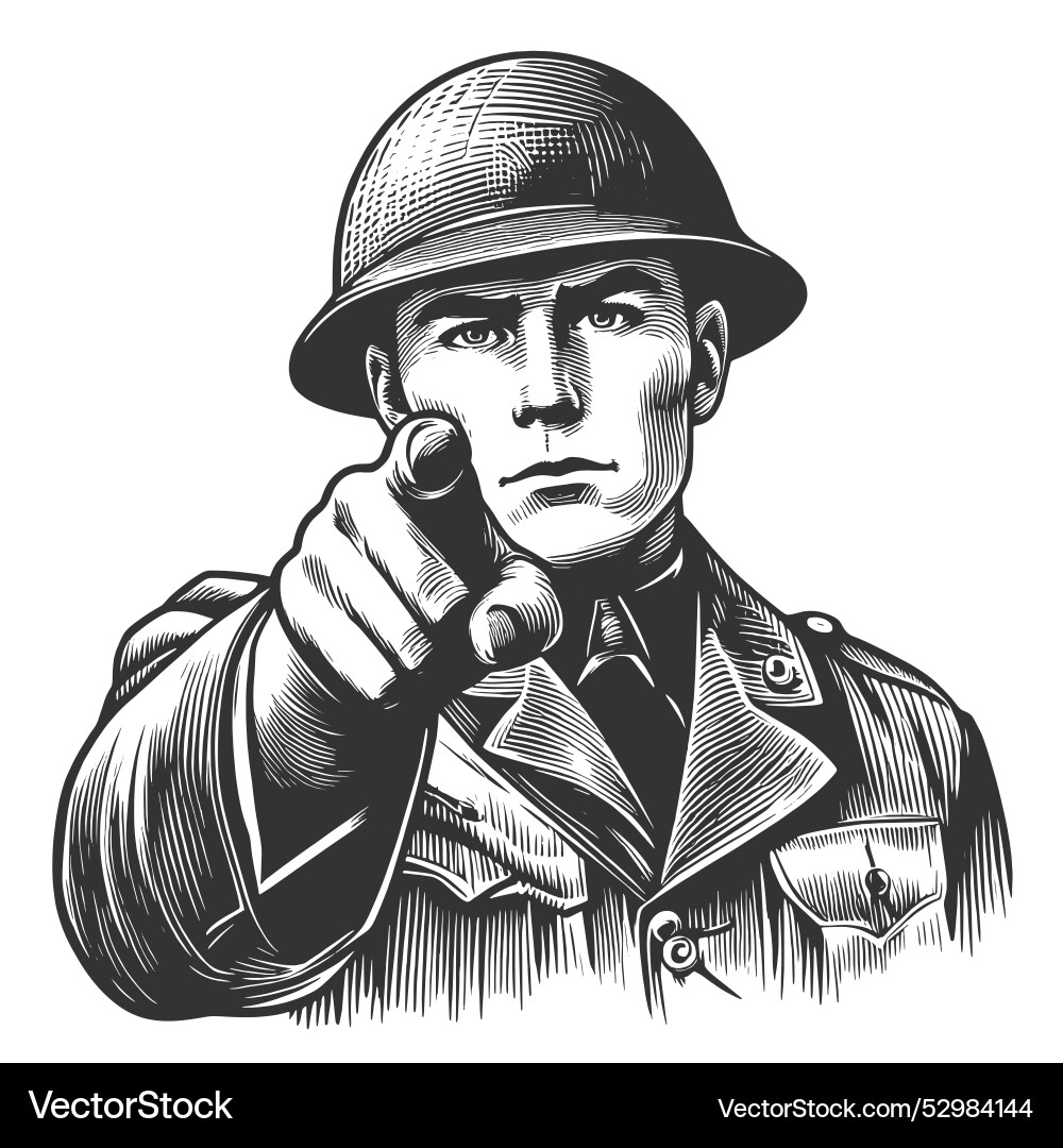 Soldier pointing forward recruitment pose Vector Image