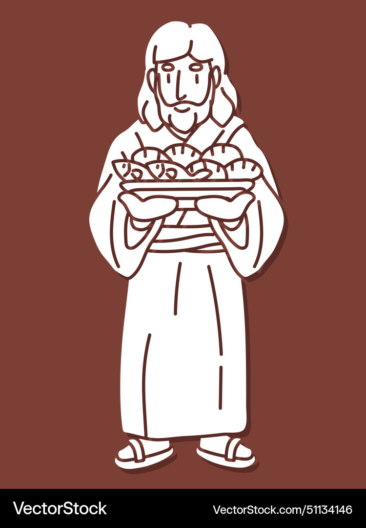 Jesus holds five loaves and two fish cartoon Vector Image