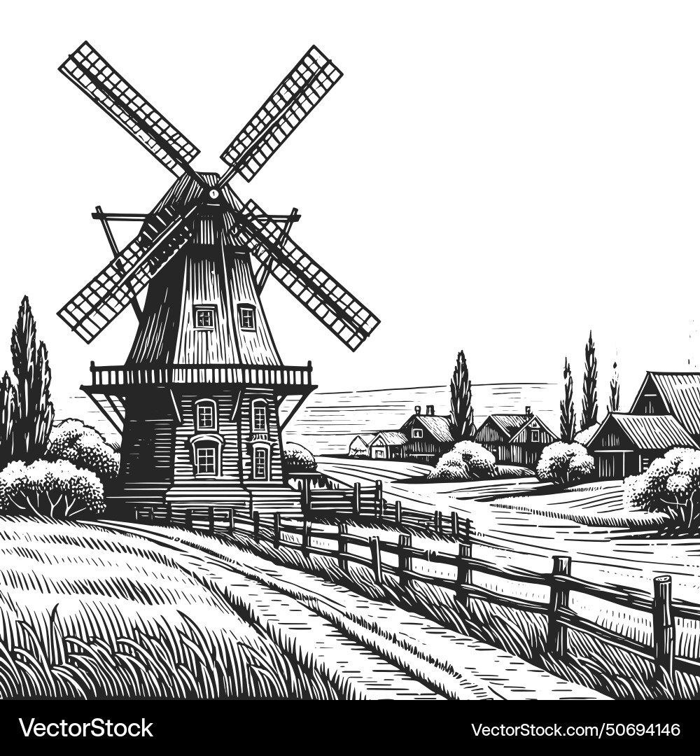 Traditional windmill engraved Royalty Free Vector Image