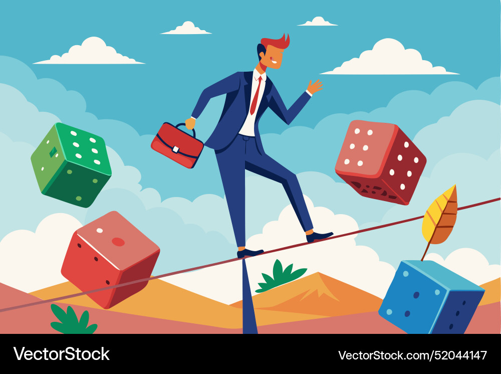 Business risk tightrope walk amid dice Royalty Free Vector