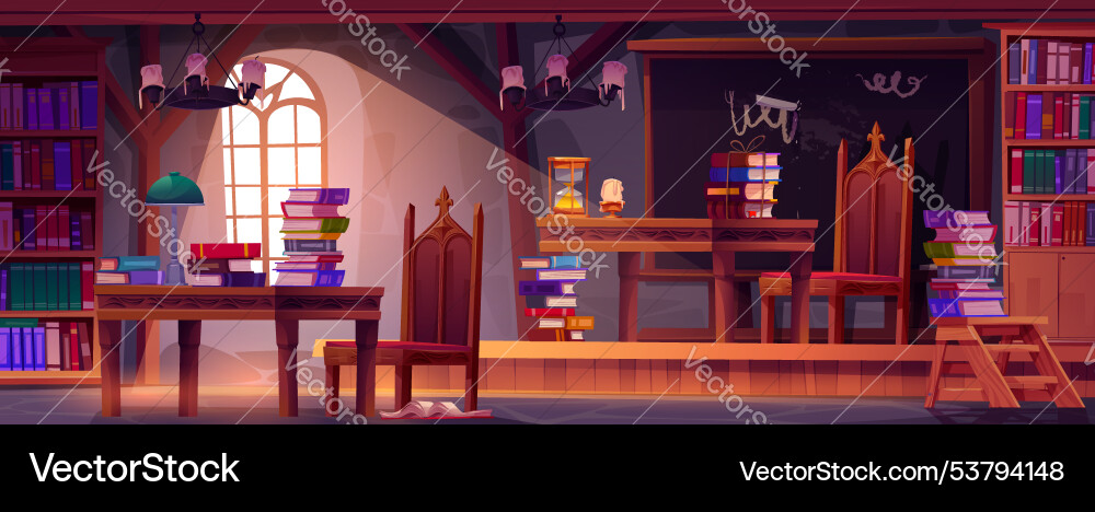 Magic school classroom with old books Royalty Free Vector