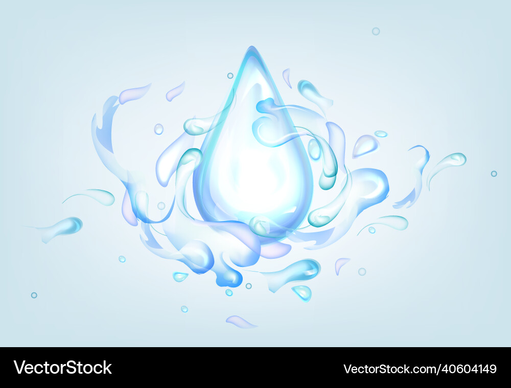 Blue drop with water splashes in realistic style Vector Image