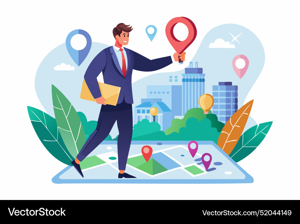 Businessman pinning office location on map Vector Image
