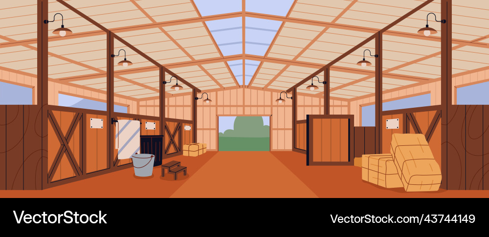 Empty stable stall panorama inside wood shed Vector Image