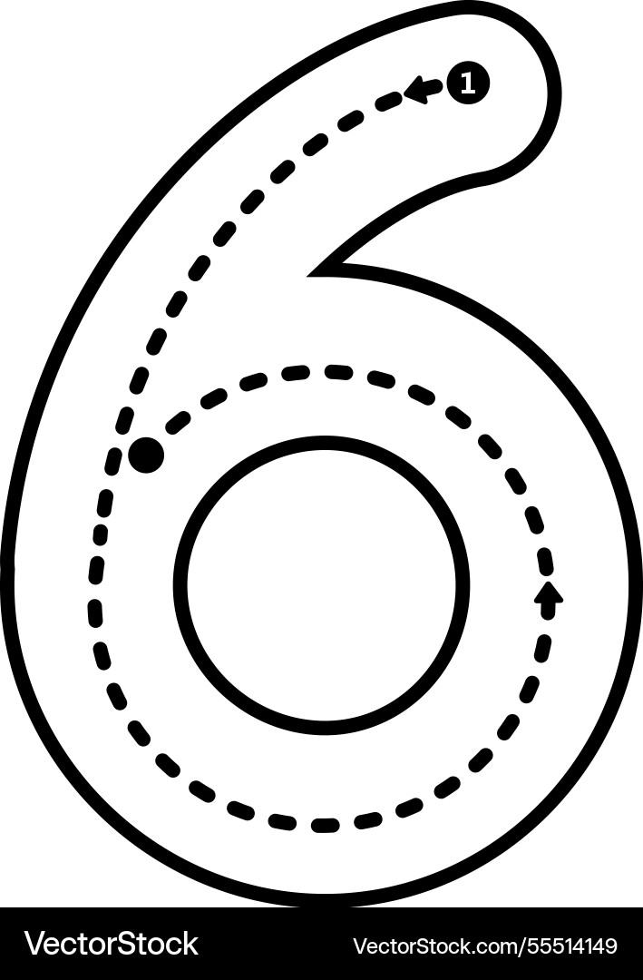 Tracing number 6 prewriting dotted line math Vector Image