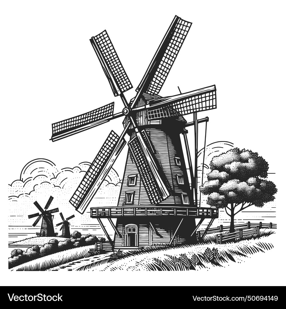 Traditional windmill engraved Royalty Free Vector Image