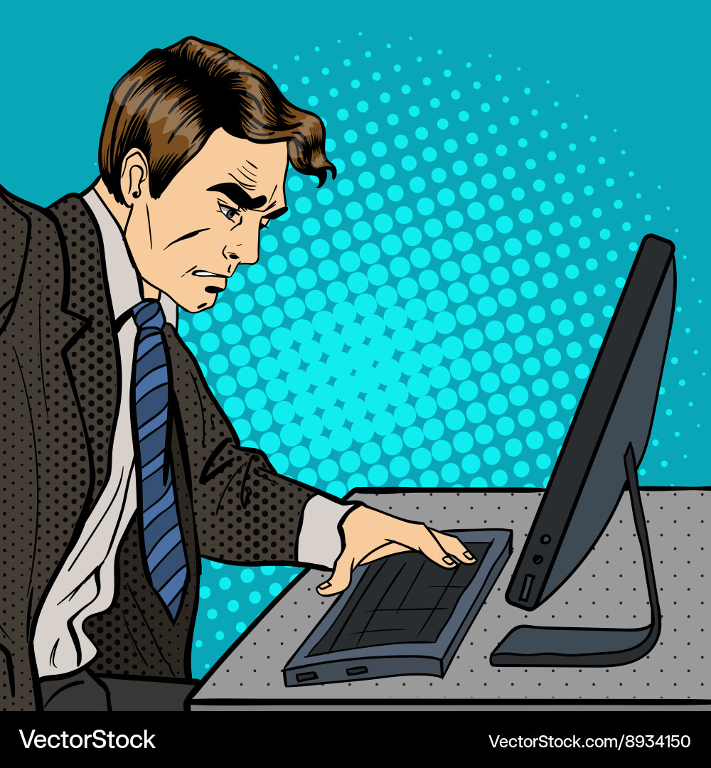 Businessman arbeitet an der Computer-Pop-Kunst Vektorbild