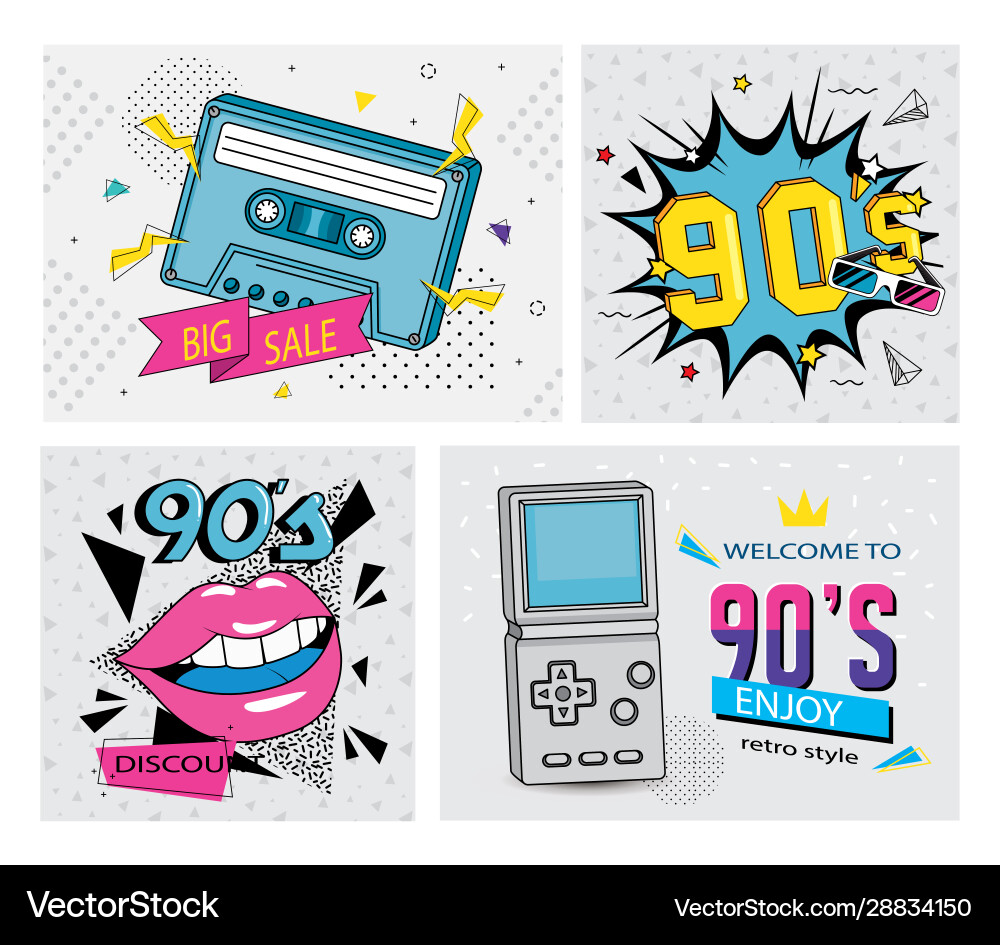 Set poster nineties retro style with icons Vector Image