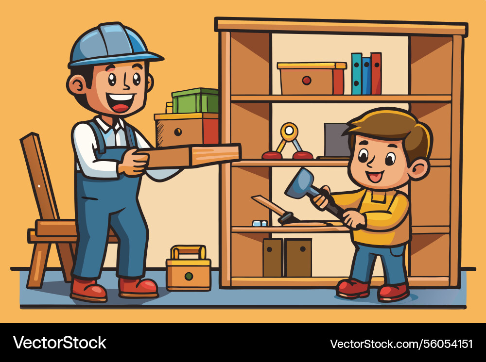 Dad guiding his son through a diy project Vector Image