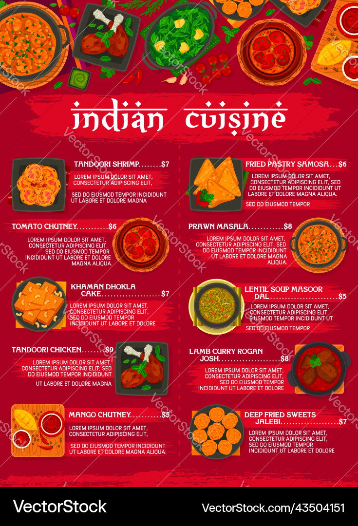 Indian cuisine menu schedule price list Royalty Free Vector