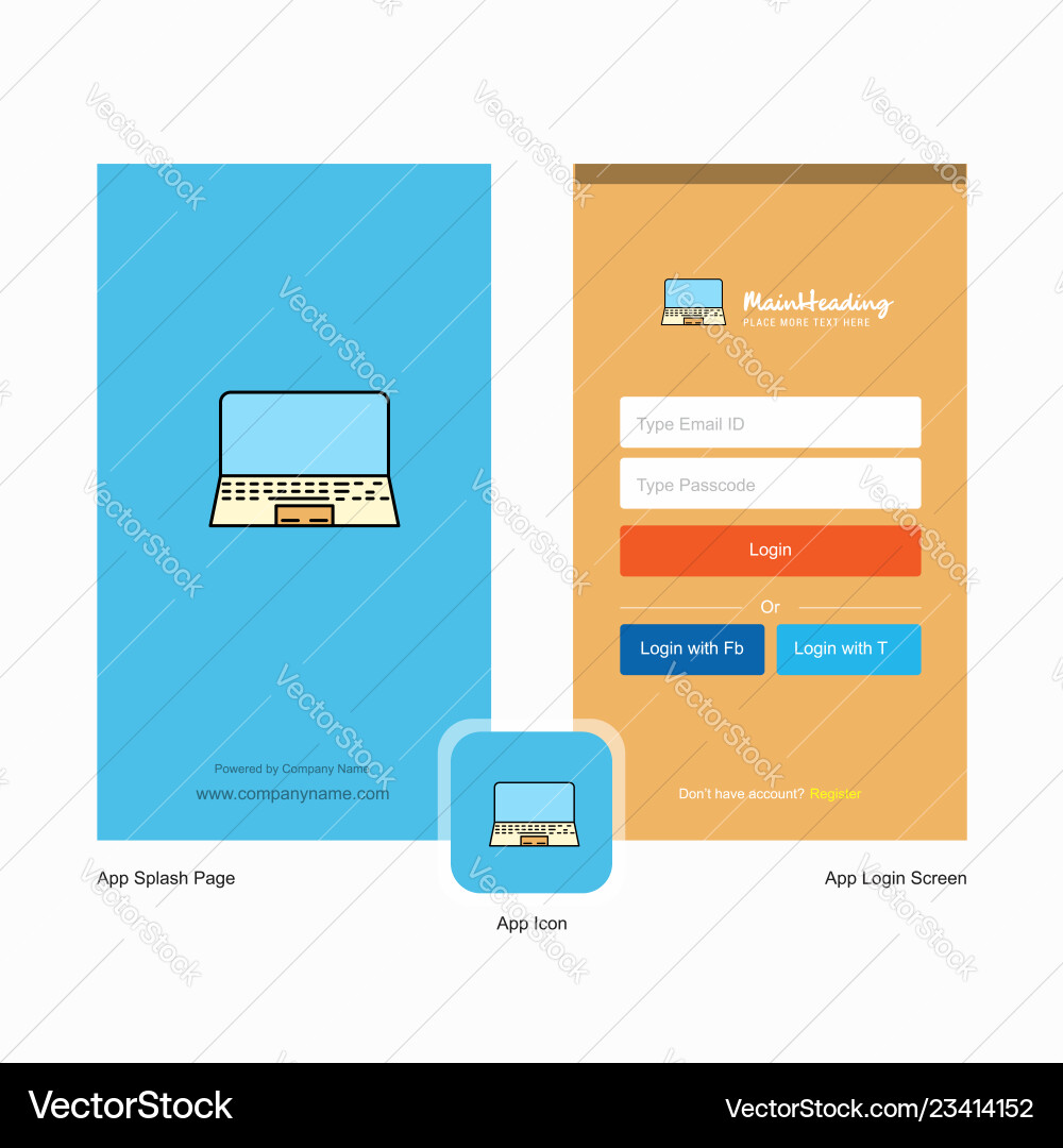 Company laptop splash screen and login page Vector Image