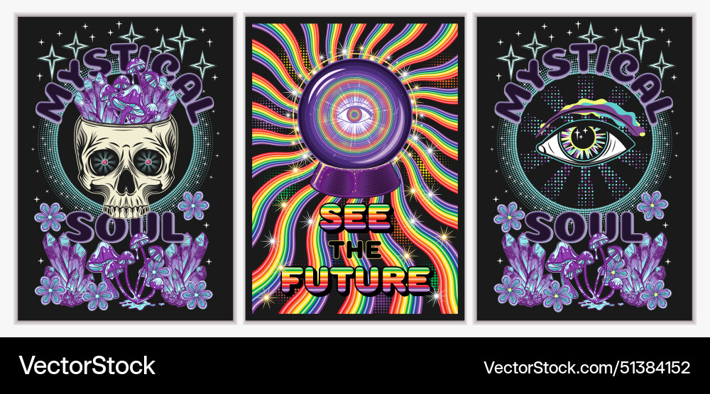 Mystical posters with skull third eye mushrooms Vector Image