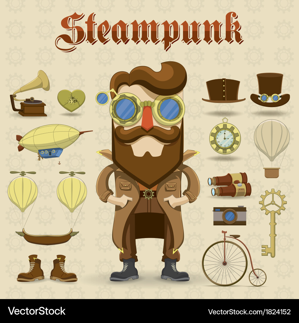 Steampunk character and elements icons Royalty Free Vector
