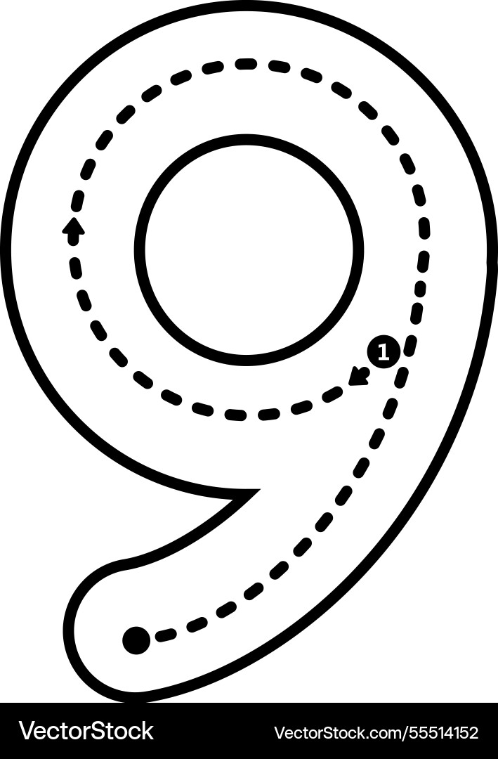 Tracing number 9 prewriting dotted line math Vector Image