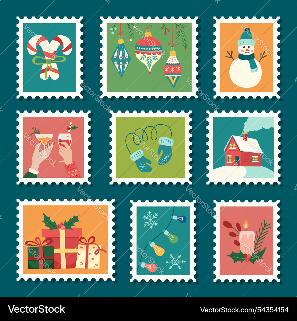 Festive Christmas Postage Stamps Royalty Free Vector Image