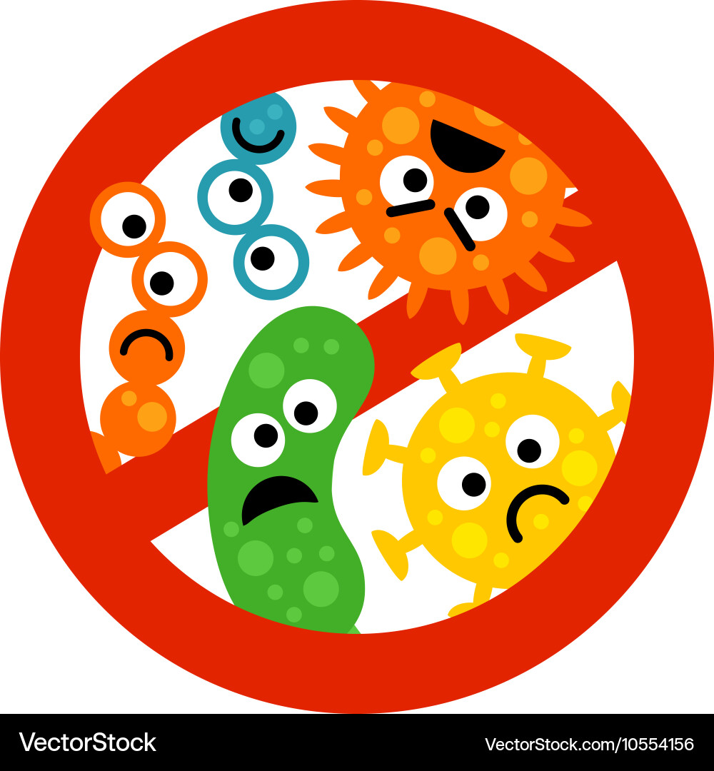 Stop bacterium sign with cute cartoon gems in flat
