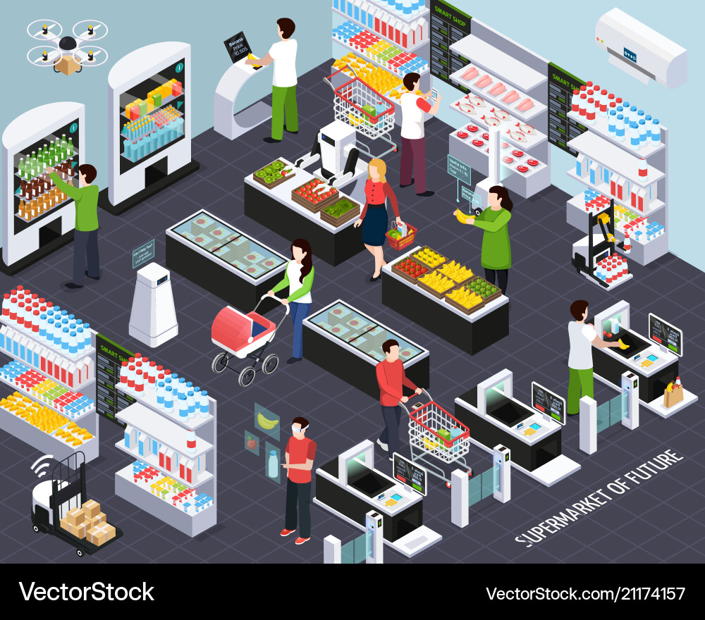 Supermarket future technology isometric Royalty Free Vector