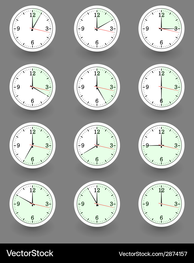 Twelve clocks showing different time Royalty Free Vector